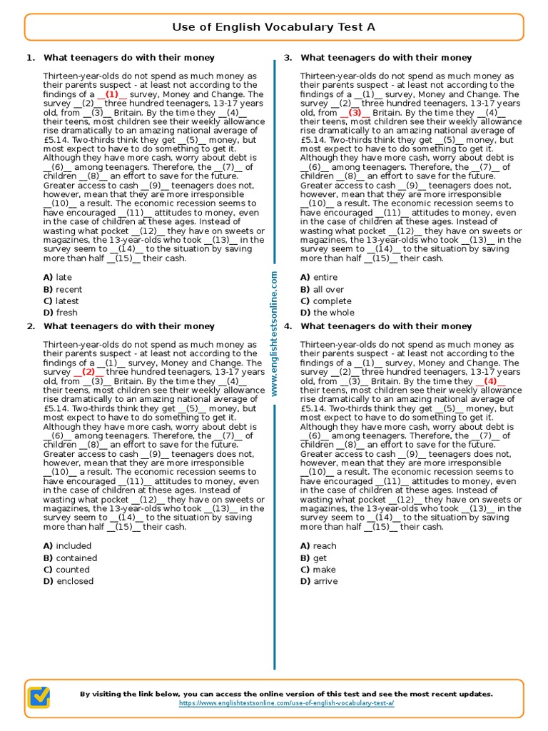 Use of English Vocabulary Test | PDF | Adolescence | Cash
