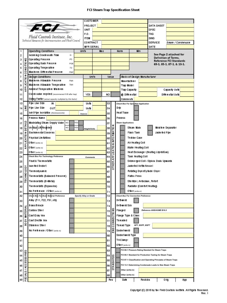 Operating Conditions Units Max Norm Min: FCI Steam Trap Specification Sheet | PDF | Steam | Heat ...