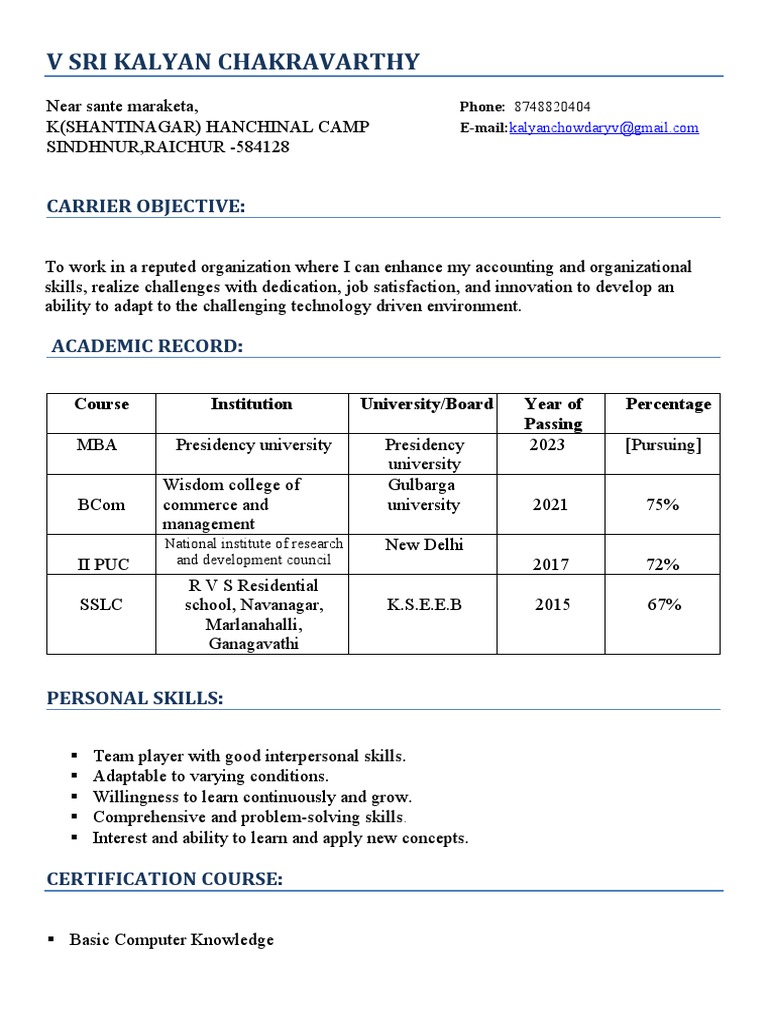 Kalyan Chakravarthy's CV Summary | PDF | Career & Growth
