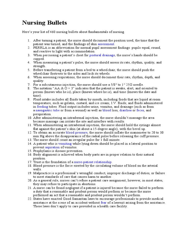 400 Nursing Bullets Fundamentals of Nursing Reviewer | PDF | Pain | Nursing