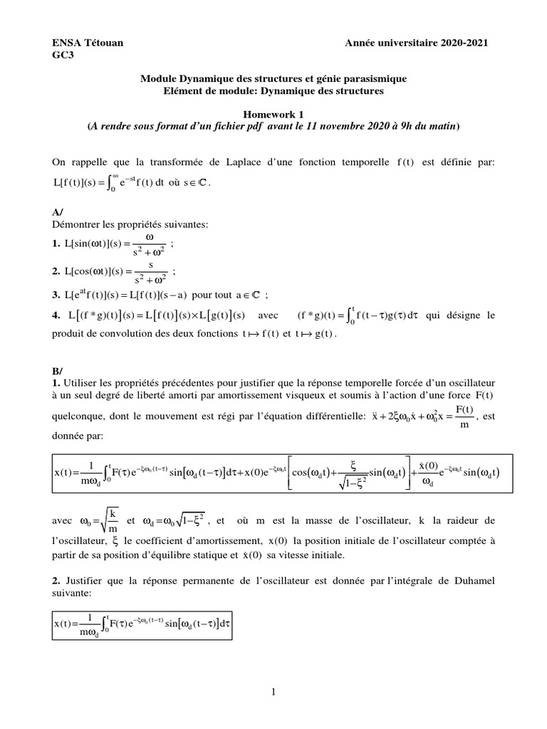 Homework1 - Dynamique Des Structures 2020 2021 | PDF