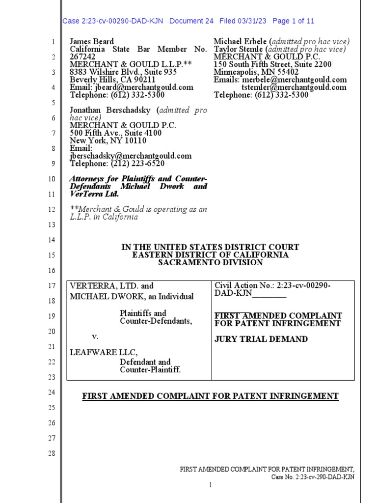 VerTerra Ltd. vs. Leafware LLC Patent Case | PDF | Patent | Complaint