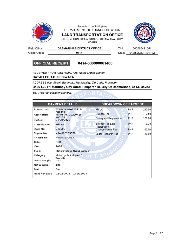 Official Receipt: Land Transportation Office | Download Free PDF ...