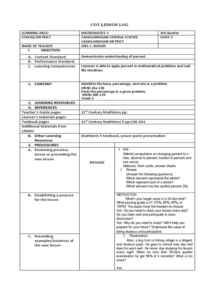 Cot Lesson Log: I. Objectives | PDF | Percentage | Learning