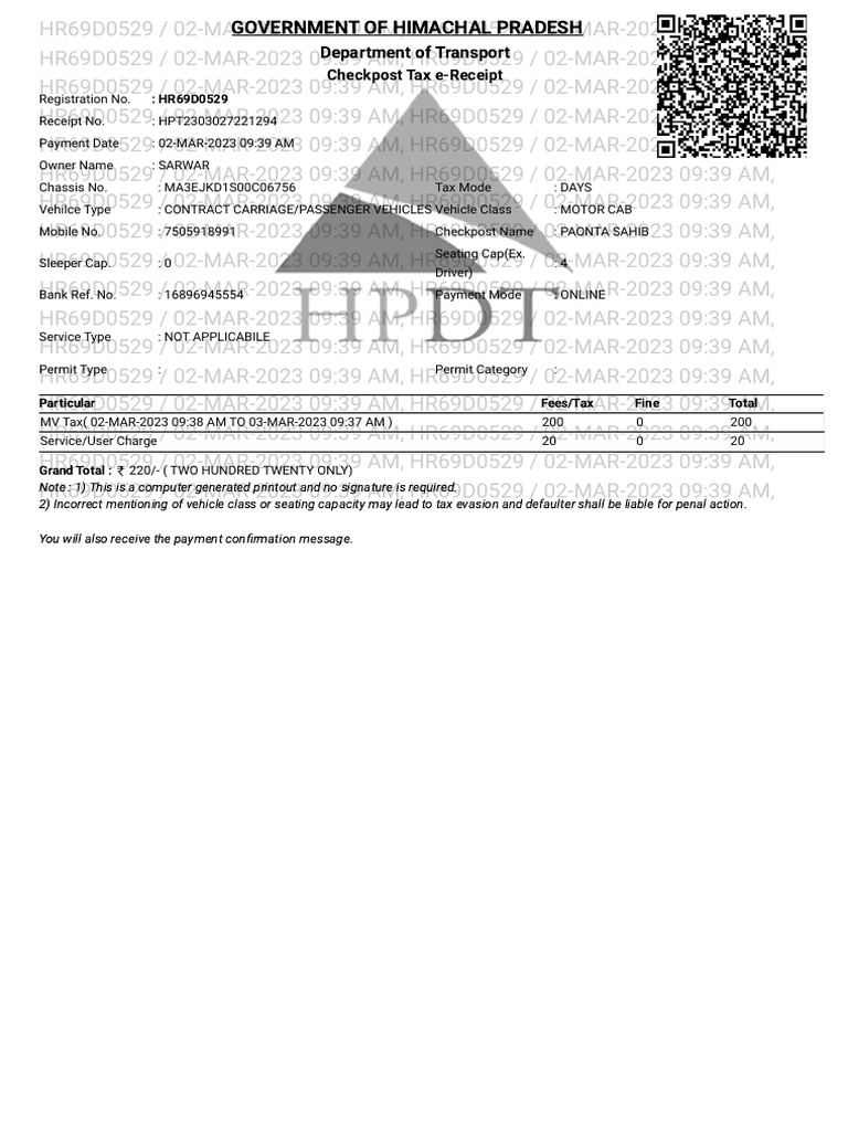 Department of Transport: Checkpost Tax E-Receipt | Download Free PDF ...