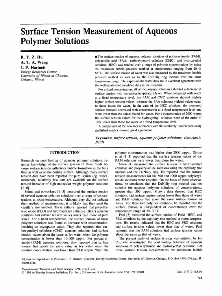 Surface Tension Measurement of Aqueous Polymer Solutions: R. Y. Z. Hu A. T. A. Wang J. P ...