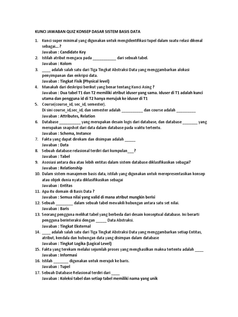 Kunci Jawaban Quiz Konsep Dasar Sistem Basis Data | PDF