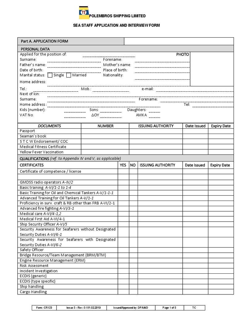 Polembros Shipping Limited Sea Staff Application and Interview Form ...