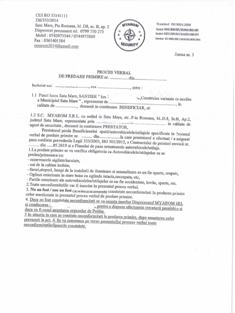 Anexa 3 - Proces Verbal de Predare Primire | PDF