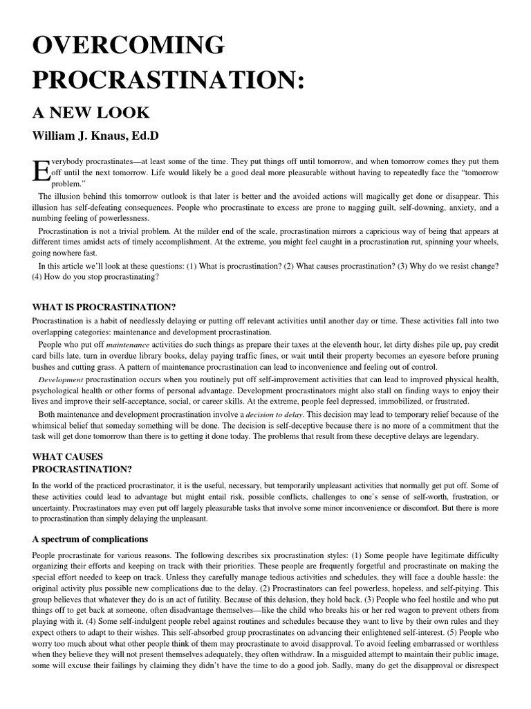 OVERCOMING PROCRASTINATION - A NEW LOOK William J. Knaus, Ed.D | PDF ...