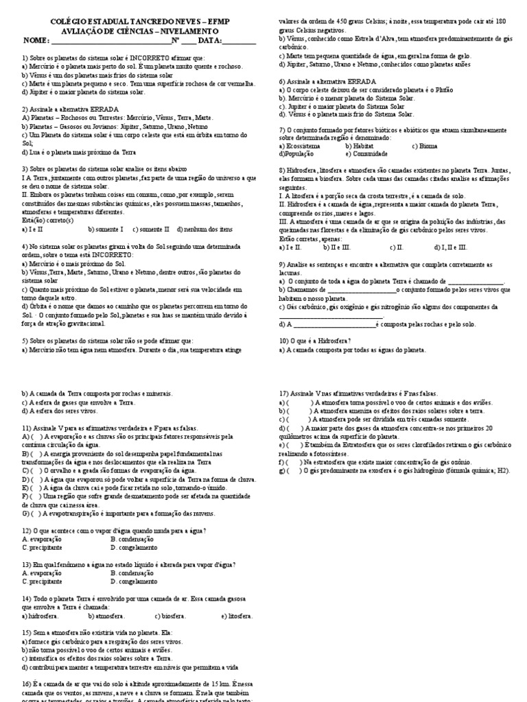 Prova 7 Ano | PDF | Planetas | Sistema Solar