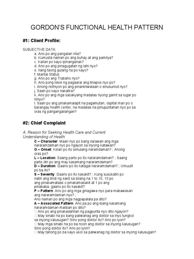 Gordon's Functional Health Pattern Guide Questions (Filipino) | PDF