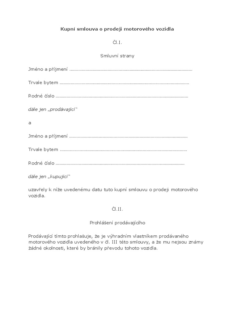 VZOR Kupni Smlouva Na Auto 1 | PDF