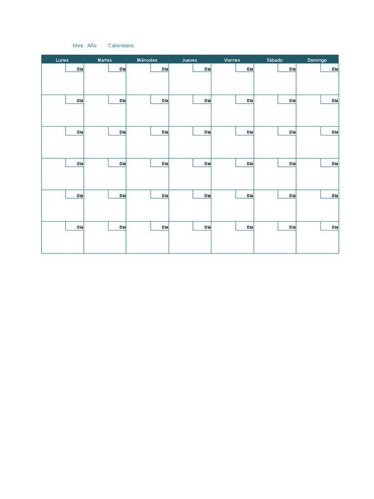 Mes Año Calendario: Lunes Martes Miércoles Jueves Viernes Sábado ...