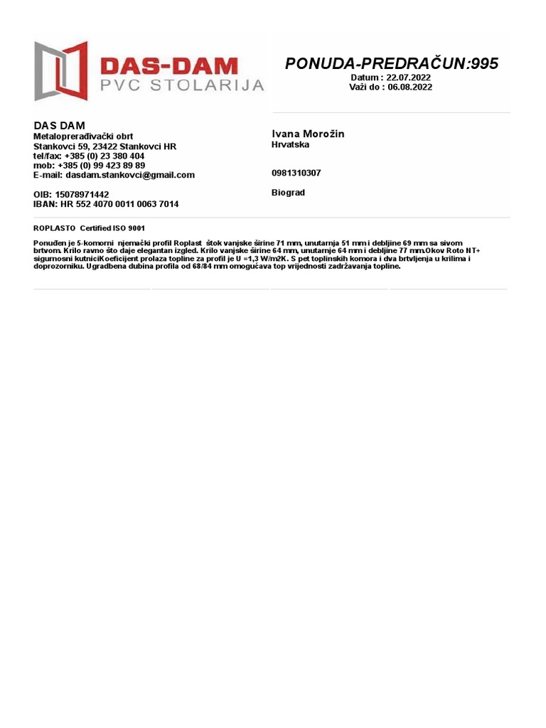 Ponuda-Predračun:995: Das Dam Ivana Morožin | PDF