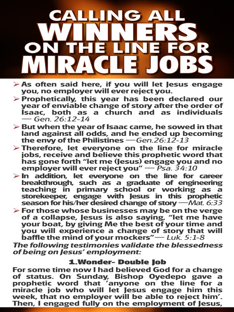 Calling All Winners On The Line For Miracle Jobs | PDF | Jesus | Miracle