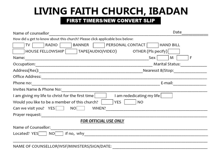 Living Faith Church, Ibadan: First Timers/New Convent Slip First Timers ...