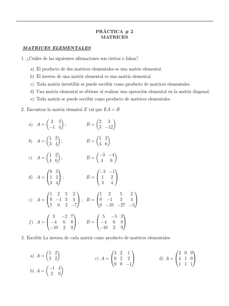 Práctica 2 - Matrices Elementales | PDF | Matriz (Matemáticas) | Matemáticas