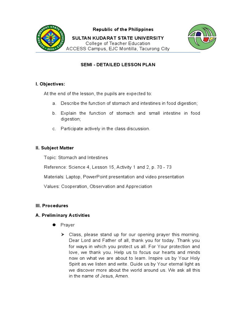 Grade 4 Digestive System Lesson Plan | PDF | Digestion | Medical ...