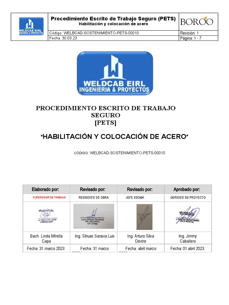 Procedimiento Escrito de Trabajo Seguro (PETS) Habilitación Y Colocación de Acero | PDF | Acero ...