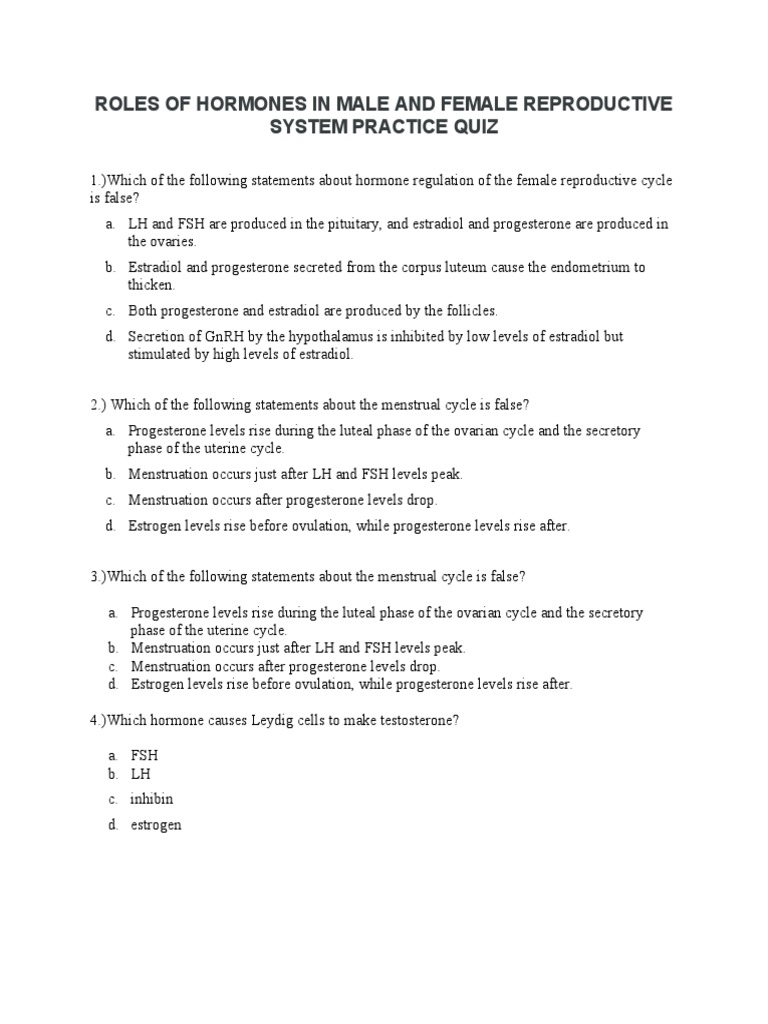 Hormones in Reproductive System Quiz | PDF | Wellness