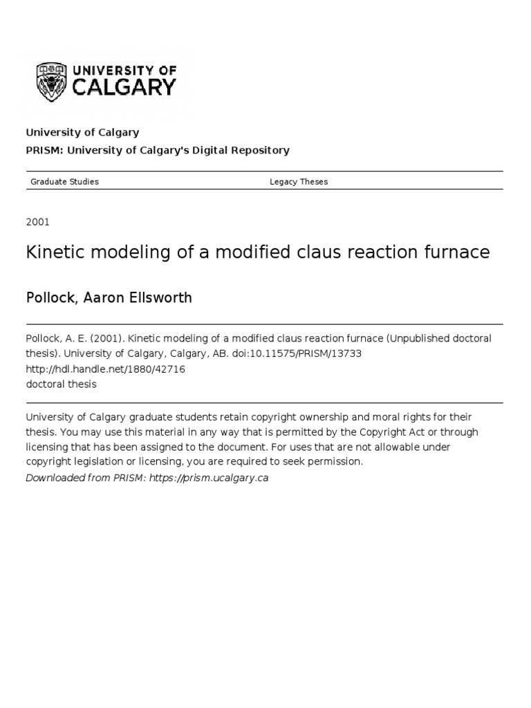 Kinetic Modeling of A Modified Claus Reaction Furnace: Pollock, Aaron ...
