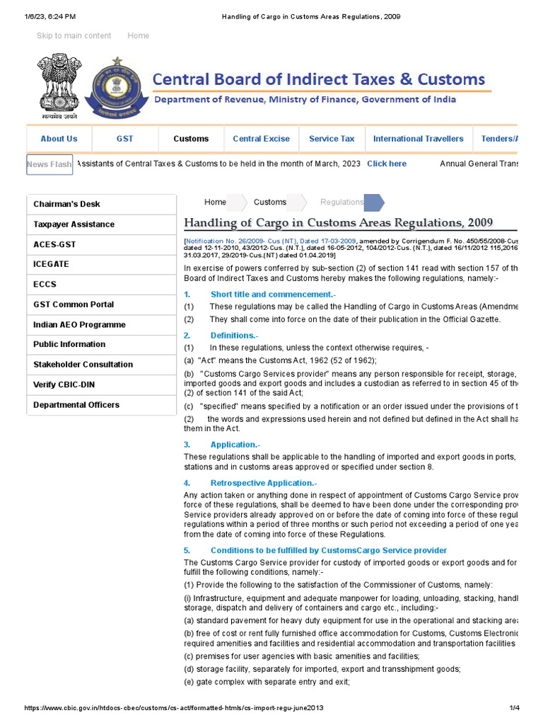 Handling of Cargo in Customs Areas Regulations, 2009 | PDF | Customs ...