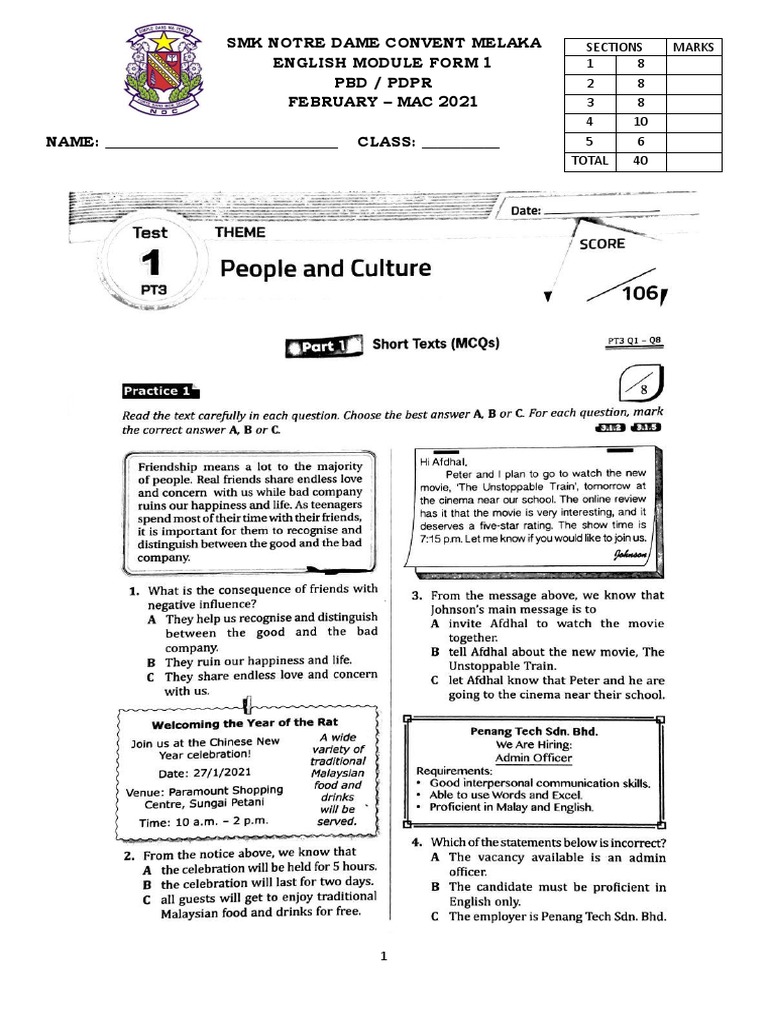 SMK Notre Dame Convent Melaka English Module Form 1 PBD / PDPR February ...