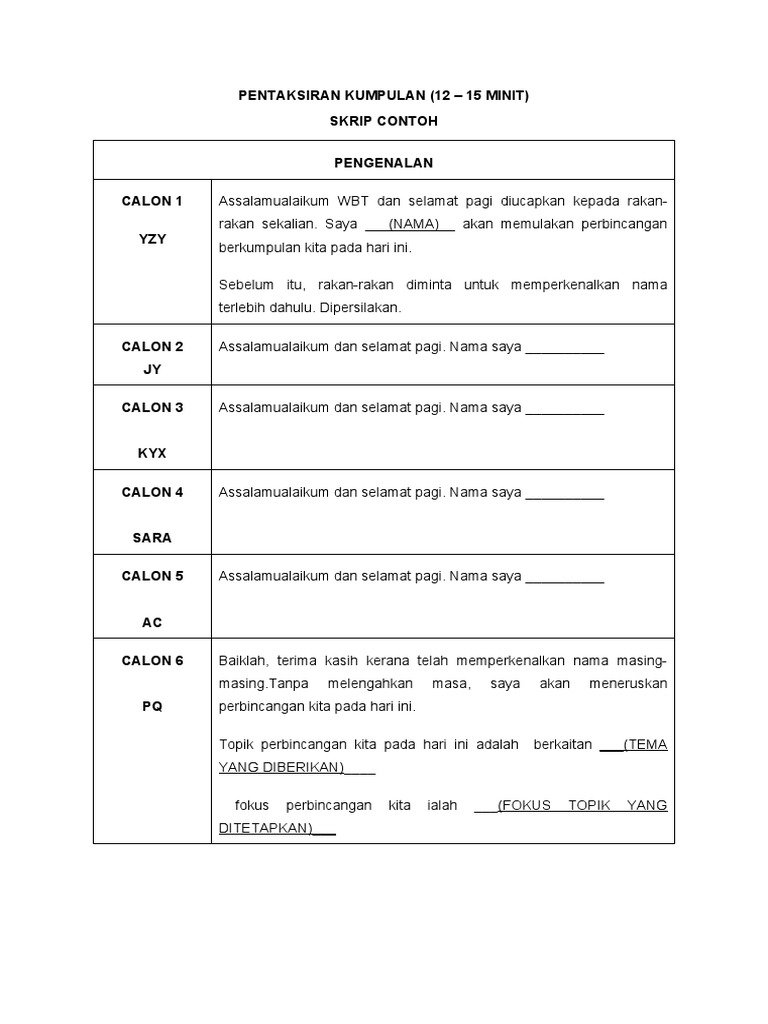 Skrip Ujian Bertutur Berkumpulan | PDF