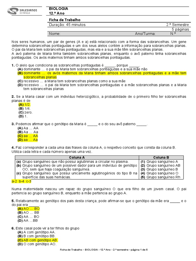 CC - Ficha - Trab - Nº8 - Ficha de Avaliacao Do Ano Passado | PDF | Alelo | Distrofia muscular