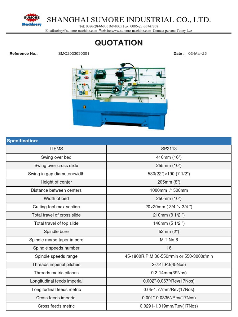 Quotation For Lathe Machine SP2113 | PDF | Tools | Manufactured Goods