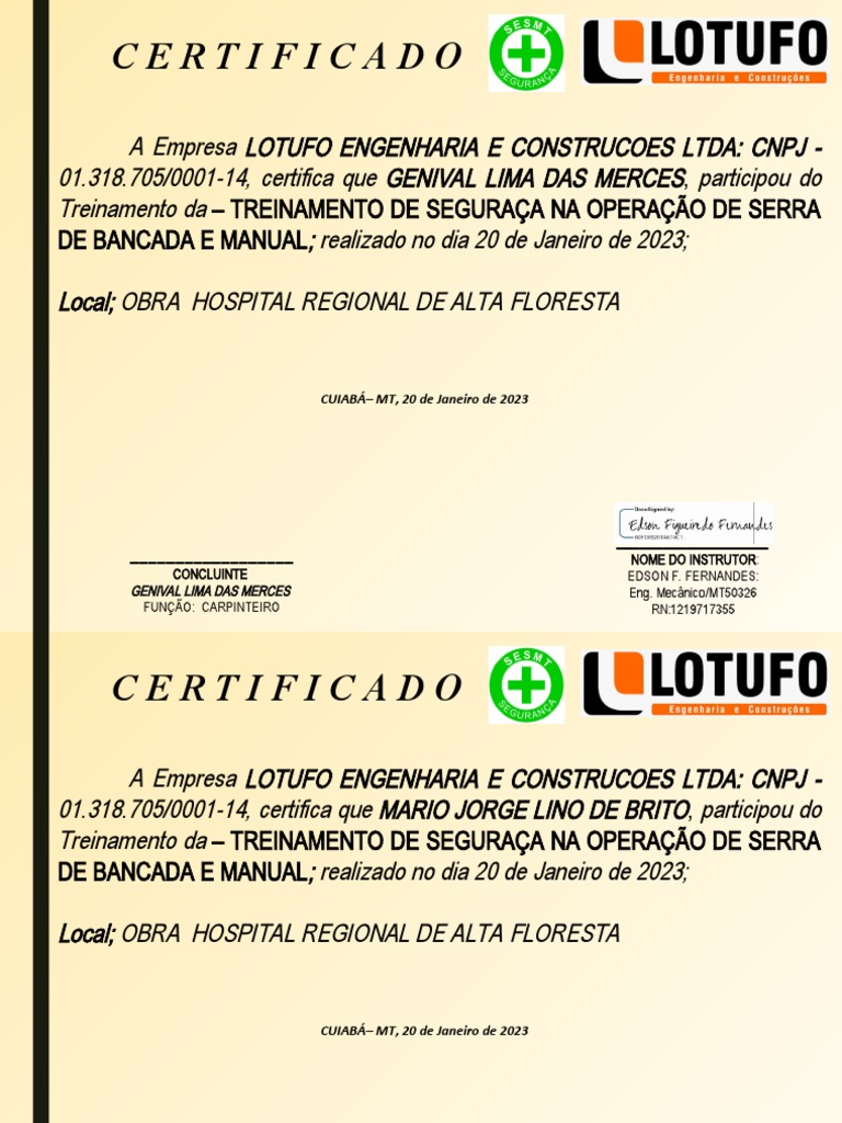 Certificado - Treinamento - Serra Circular - Lotufo | PDF