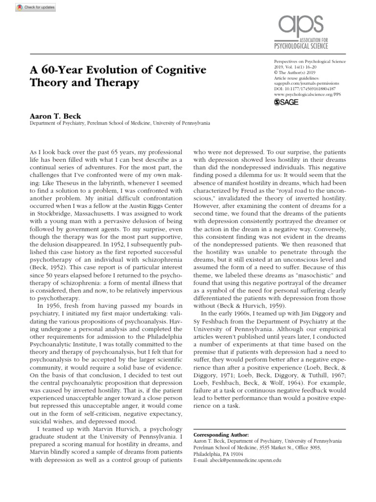 A 60-Year Evolution of Cognitive Theory and Therapy: Aaron T. Beck | PDF | Cognitive Behavioral ...