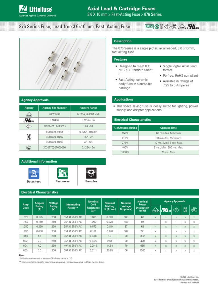Littelfuse Fuse 876 Datasheet pdf-1317294 | PDF | Soldering | Fuse (Electrical)