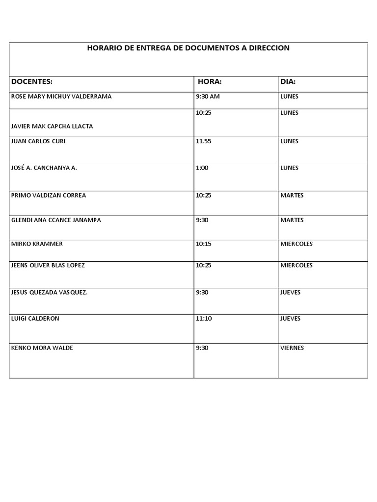Horario de Entrega de Documentos A Direccion | PDF