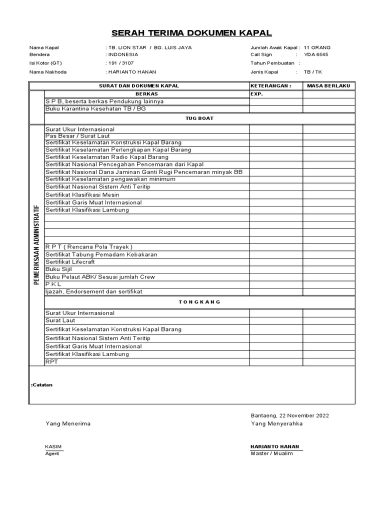 Memorandum Serah Terima Dokumen Kapal TB/TK | PDF