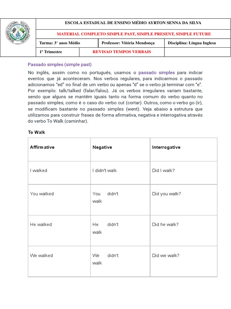 Passado Simples (Simple Past) : Material Completo Simple Past, Simple Present, Simple Future ...