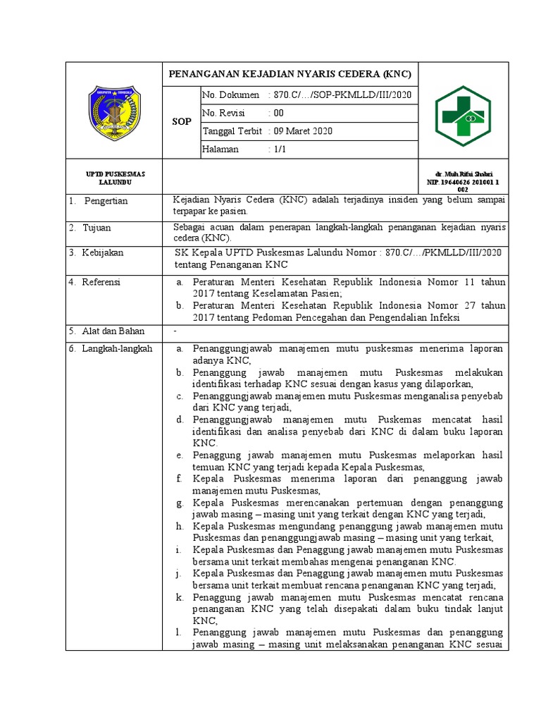 Sop Penanganan Kejadian Nyaris Cedera (KNC) | PDF