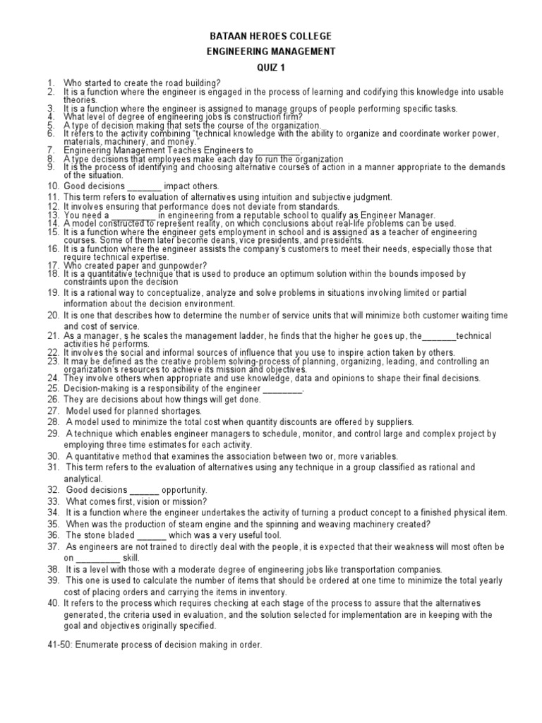 Bataan Heroes College Engineering Management Quiz 1 | PDF | Decision ...