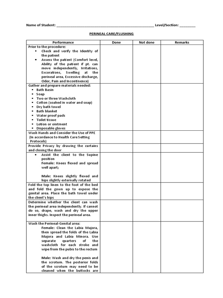 Perineal Care Checklist | Download Free PDF | Labia | Hygiene