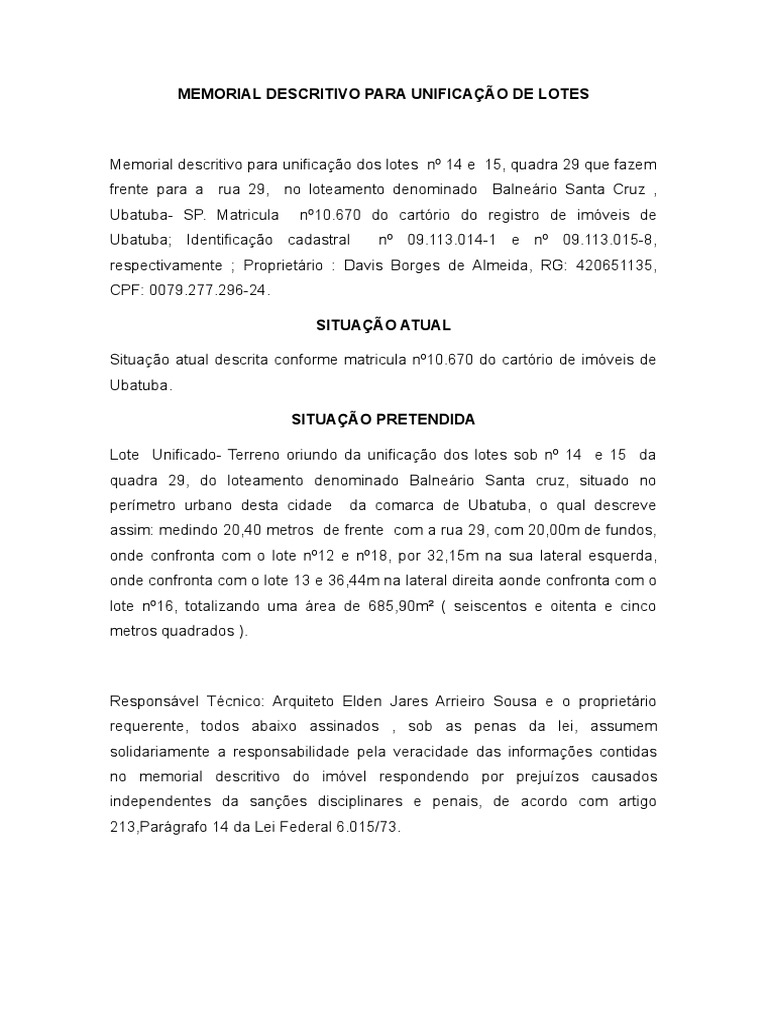 Memorial Descritivo para Unificação de Lotes | PDF