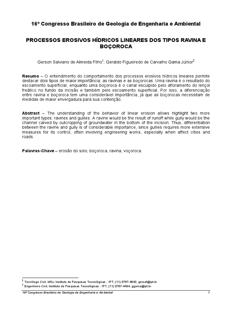 Processos erosivos hídricos lineares: uma diferenciação entre ravinas e ...