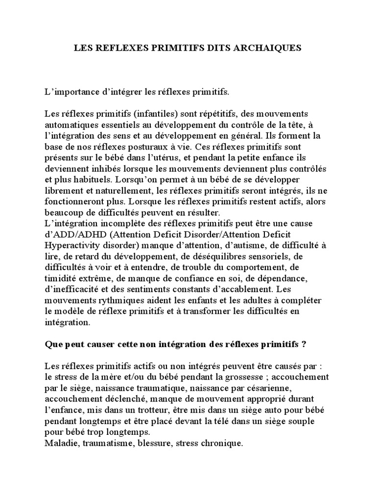 Réflexes Primitifs et Développement Enfant | PDF | Anxiété | Cerveau