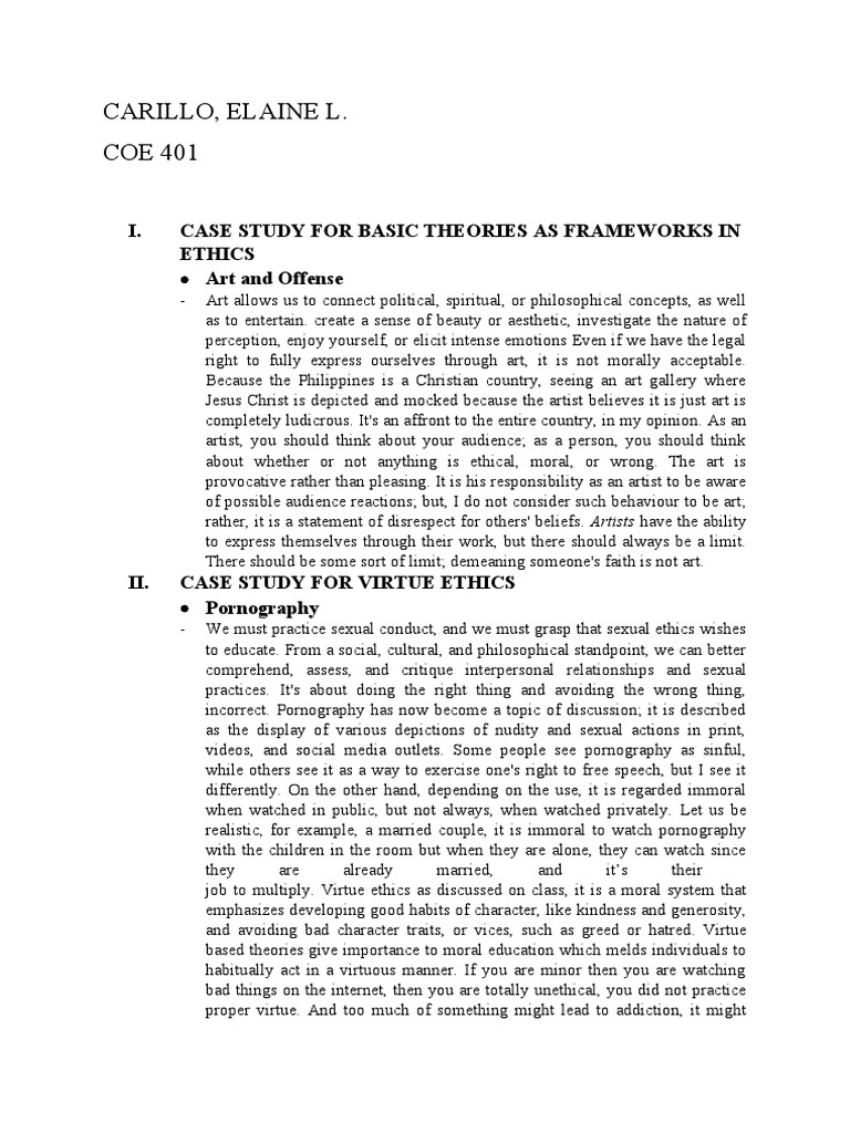 Carillo, Elaine L. COE 401: I. Case Study For Basic Theories As Frameworks in Ethics | PDF ...