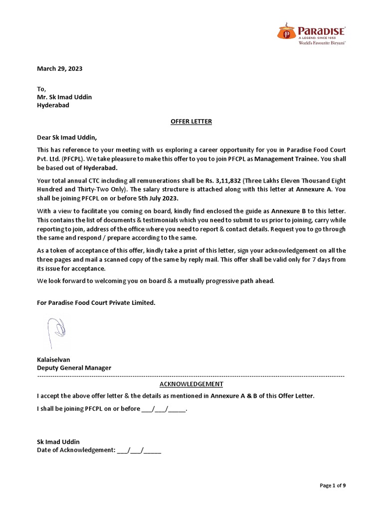Offer Letter - SK Imad Uddin | PDF | Government | Taxation