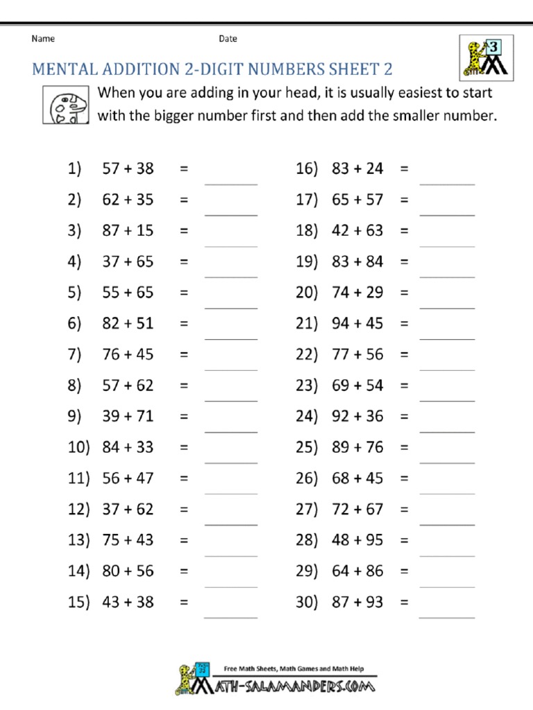 Third Grade Math Worksheets Mental Addition Two Digits 2 | PDF