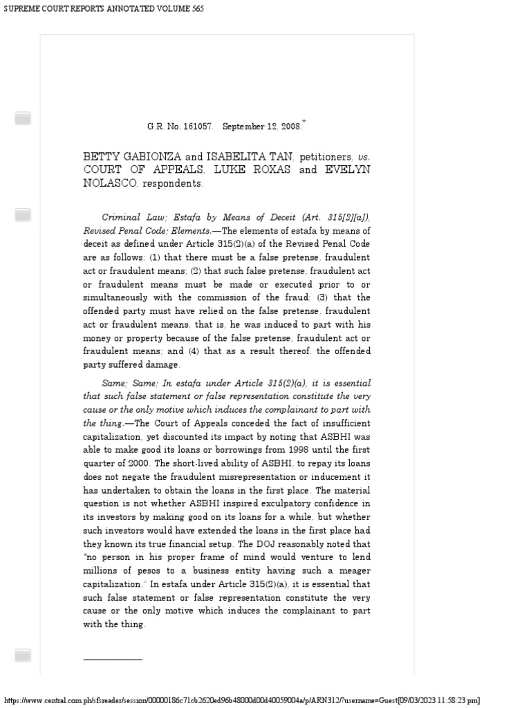 Gabionza vs. Court of Appeals, 565 SCRA 38 (2008) | PDF | Fraud | Securities (Finance)