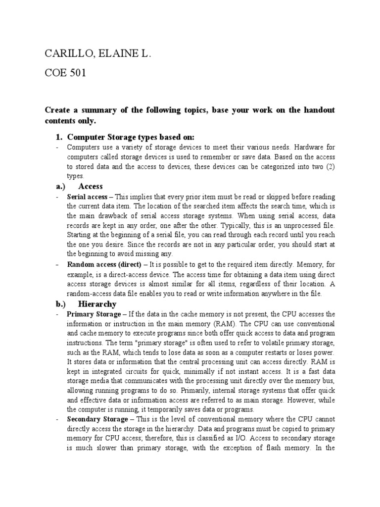 CARILLO SUMMARY OF STORAGE TYPES | PDF | Computer Data Storage | Hard Disk Drive