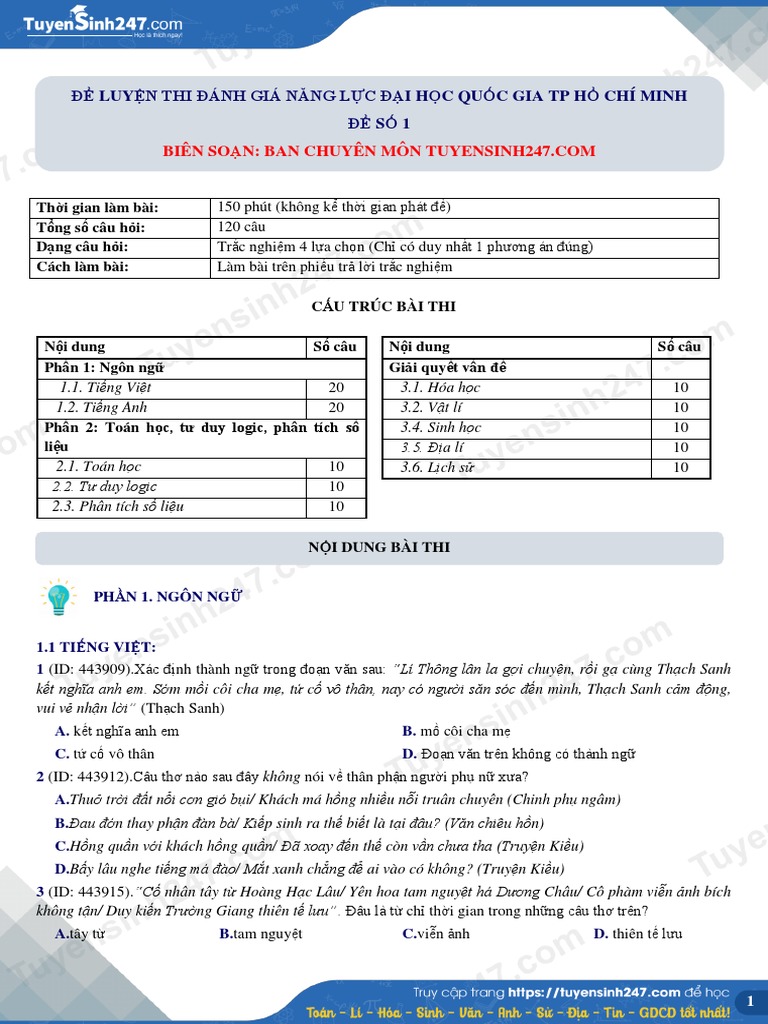 De Luyen Thi Danh Gia Nang Luc HCM 2023 Co Dap An de So 1 | PDF