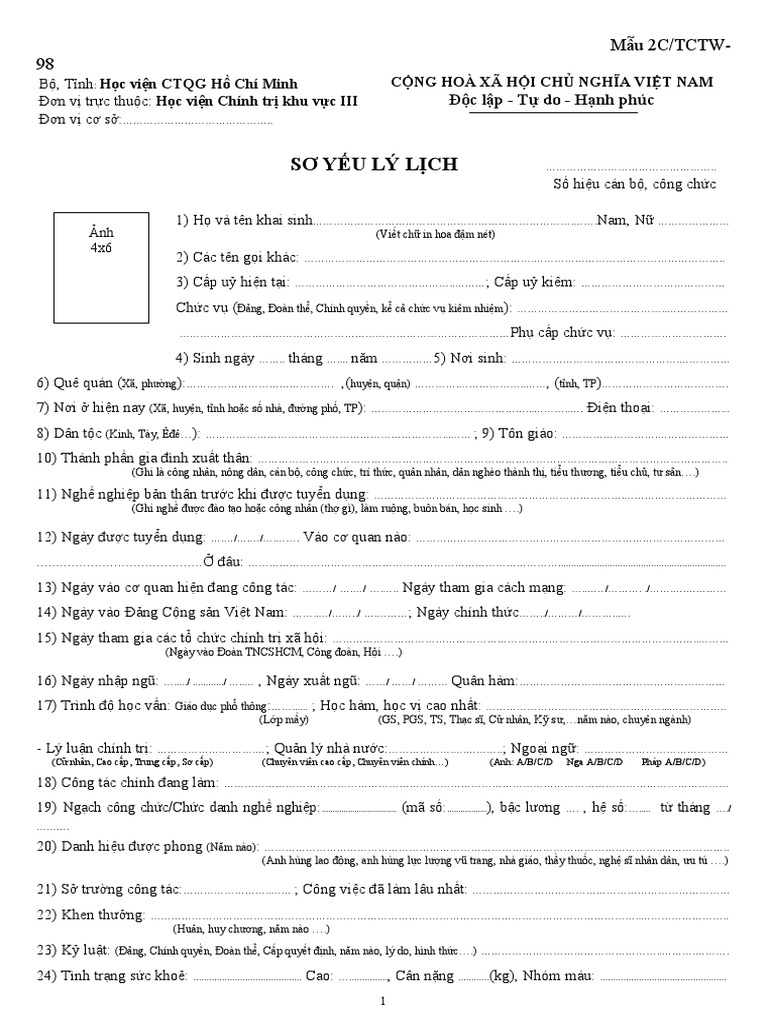 Sơ Yếu Lý Lịch: Mẫu 2C/TCTW-98 | PDF